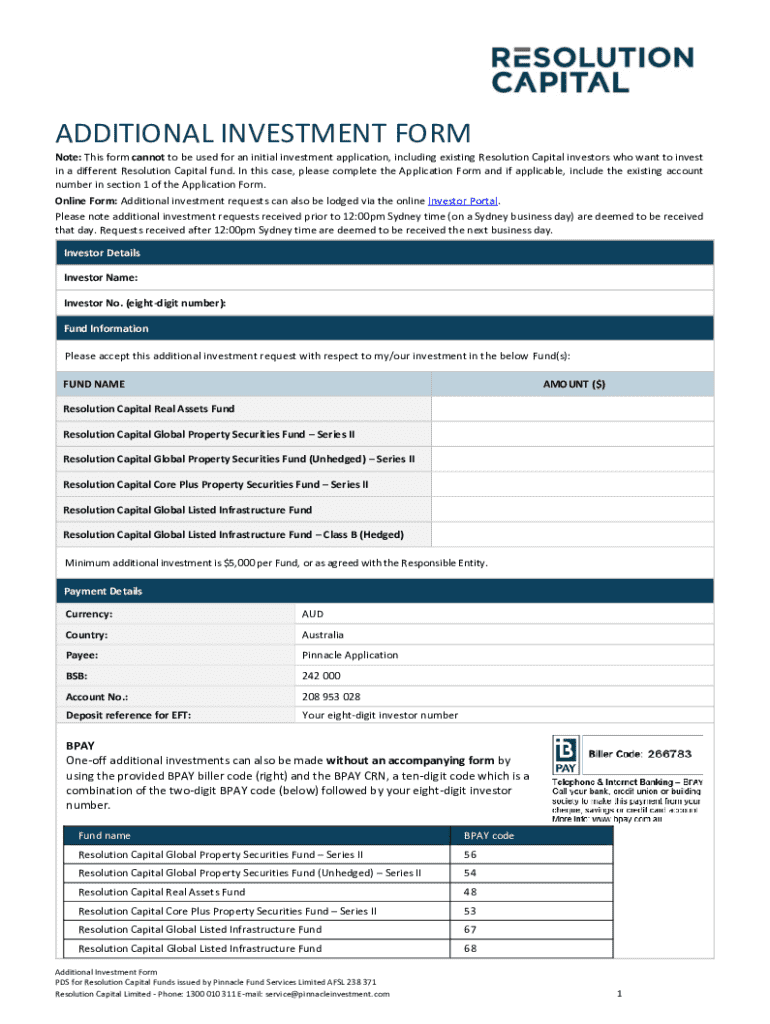 Fillable Online Additional Investment Form for Resolution Capital 2023 ...