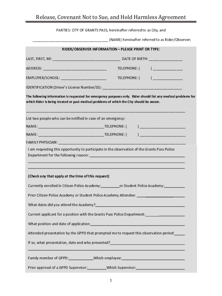 Fillable Online Release, Covenant Not to Sue, and Hold Harmless ...