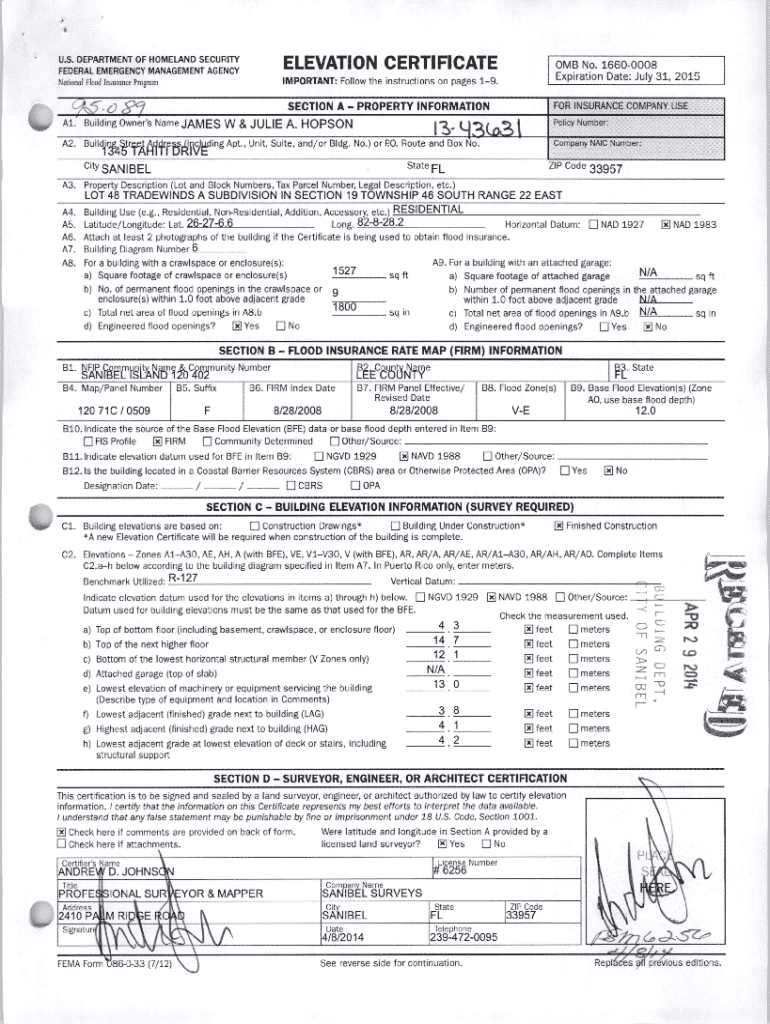 Fillable Online Elevation Certificate for Flood Insurance - 2015 Fax ...