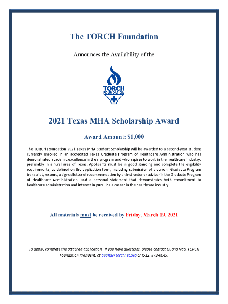 Fillable Online 2021 Texas Mha Scholarship Application - Torch ...