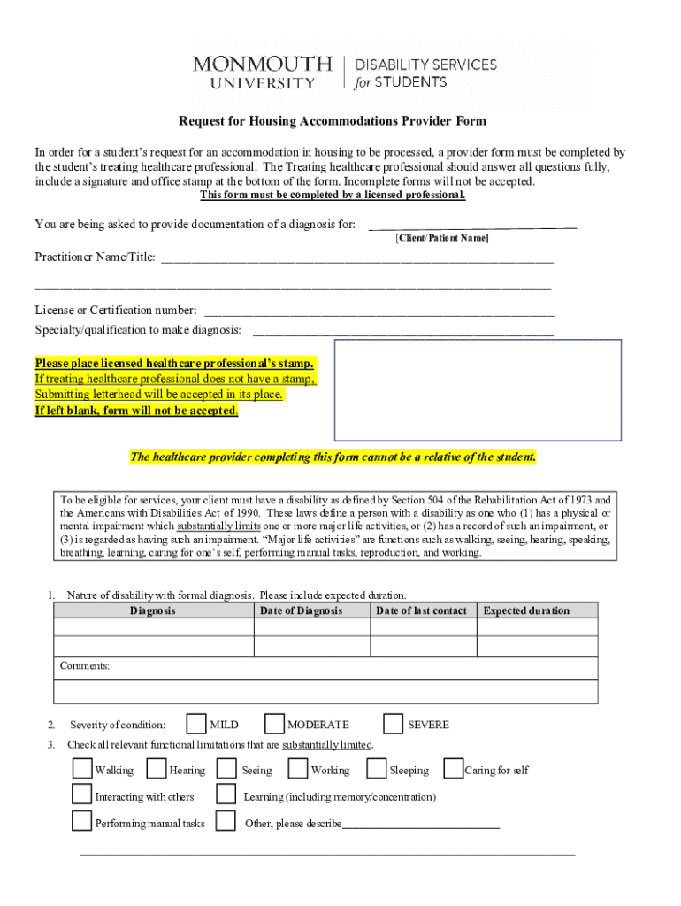 Fillable Online Request for Housing Accommodations Provider Form Fax Email Print - pdfFiller