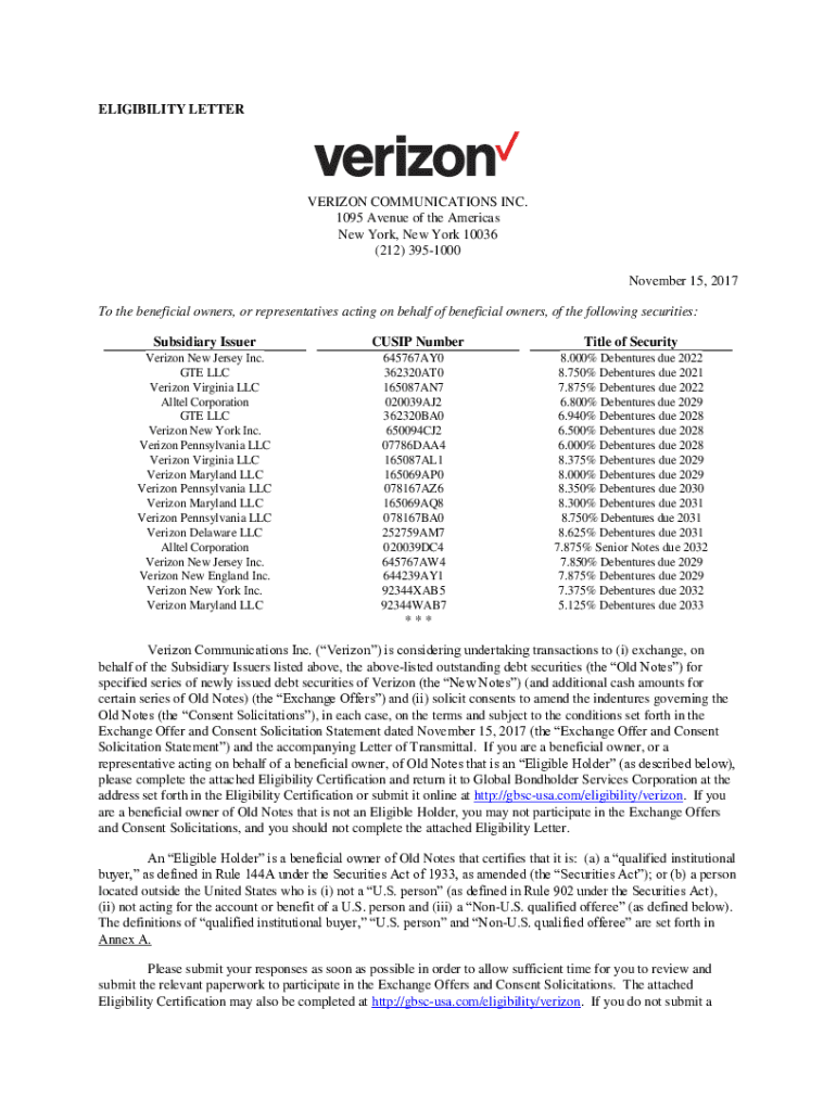 Fillable Online Verizon Eligibility Letter and Debt Exchange ...