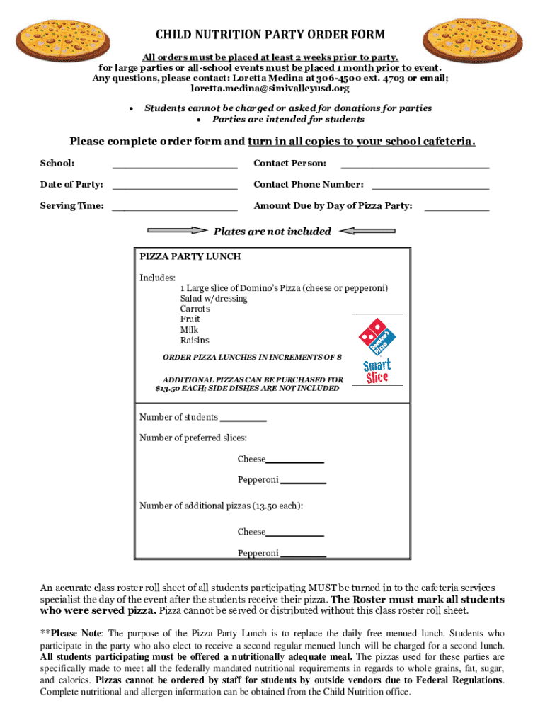 Fillable Online Child Nutrition Pizza Party Order Form 2023 - Student ...
