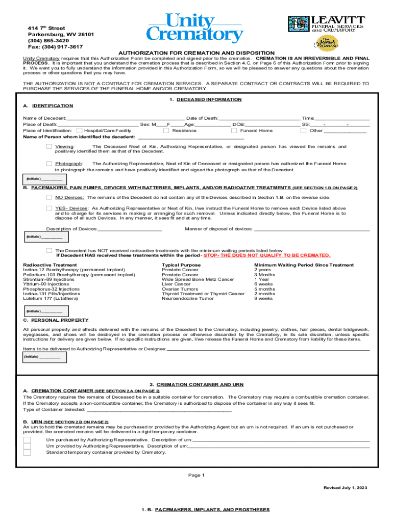 Fillable Online 2023 Authorization for Cremation and Disposition Process Fax Email Print - pdfFiller