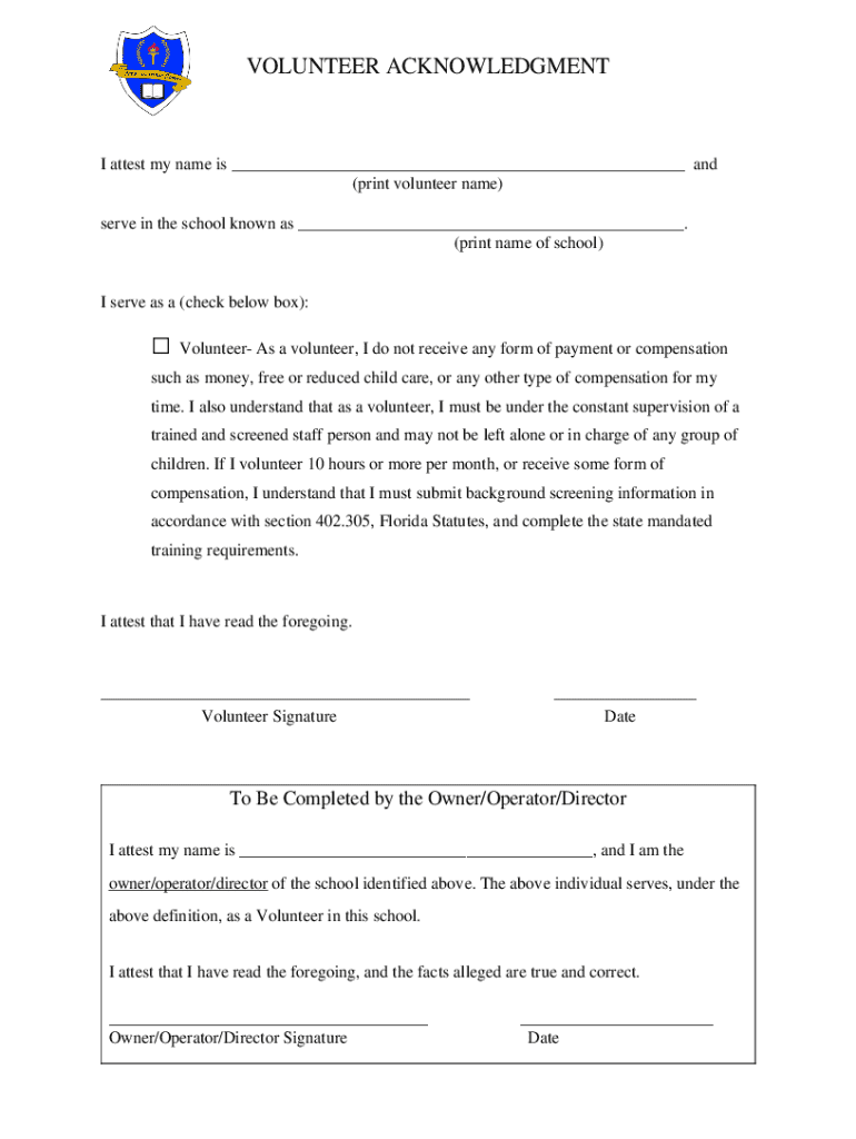 Fillable Online Volunteer Acknowledgment Form for Schools 2023 Fax ...