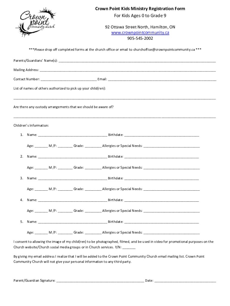 Fillable Online Crown Point Kids Ministry Registration Form For Kids ...