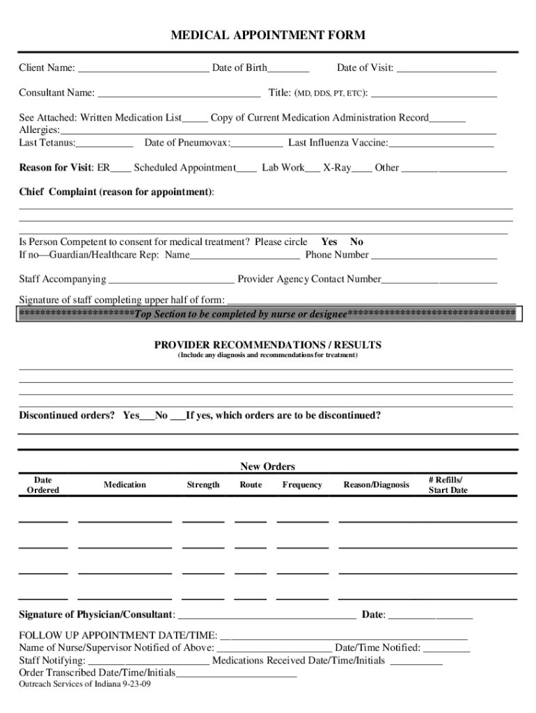 Fillable Online Medical Appointment Form - Outreach Services Indiana ...