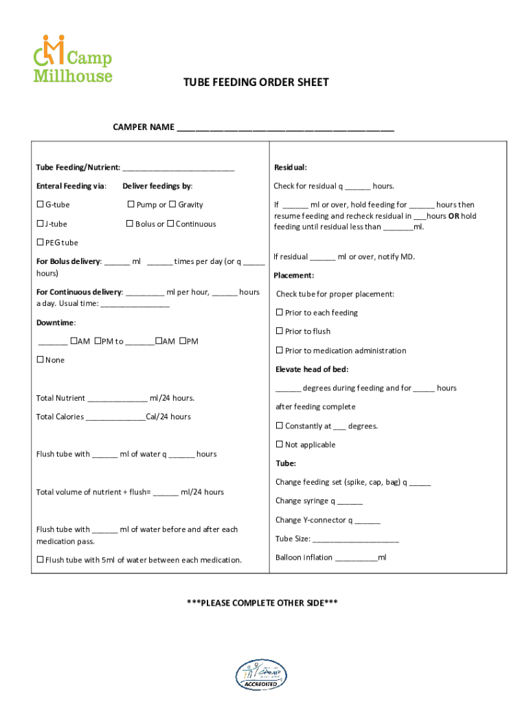 Fillable Online Tube Feeding Order Sheet 2023: Guidelines for Camp ...