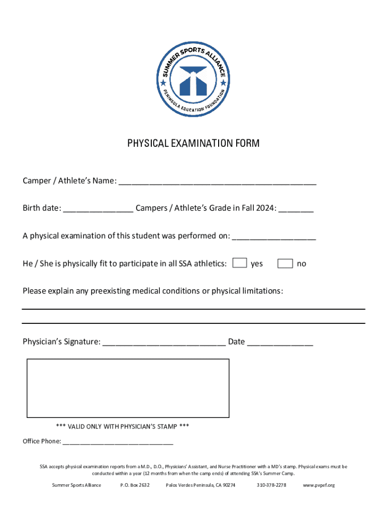 Fillable Online 2024 Physical Examination Form for Ssa Summer Camp Participation Fax Email Print ...