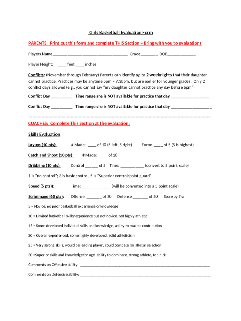 Girls Basketball Evaluation Doc Template | pdfFiller