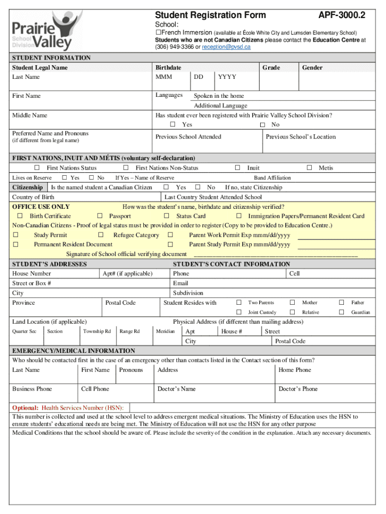 Fillable Online Student Registration Form 2023 - Prairie Valley School ...