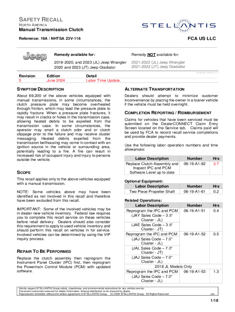 Fillable Online 2024 Safety Recall: Manual Transmission Clutch for Jeep ...