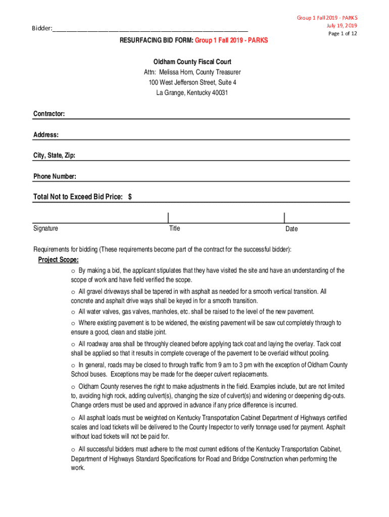 Fillable Online Resurfacing Bid Form for Group 1 Fall 2019 - Parks ...