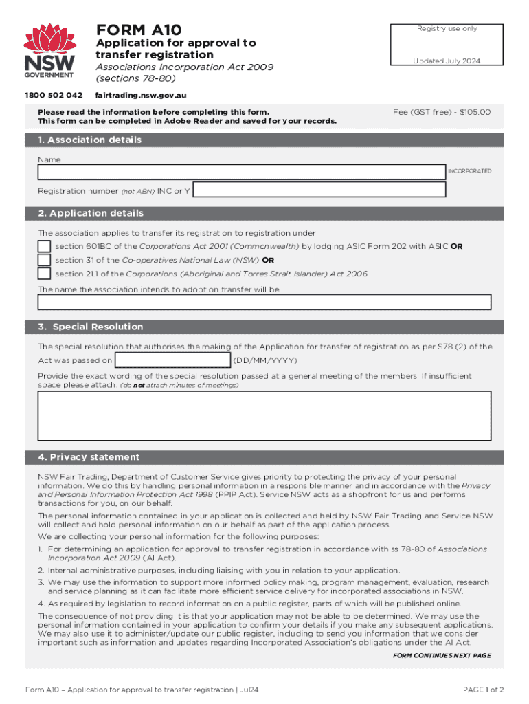Fillable Online Fillable Online Form A10 - Application for approval to ...