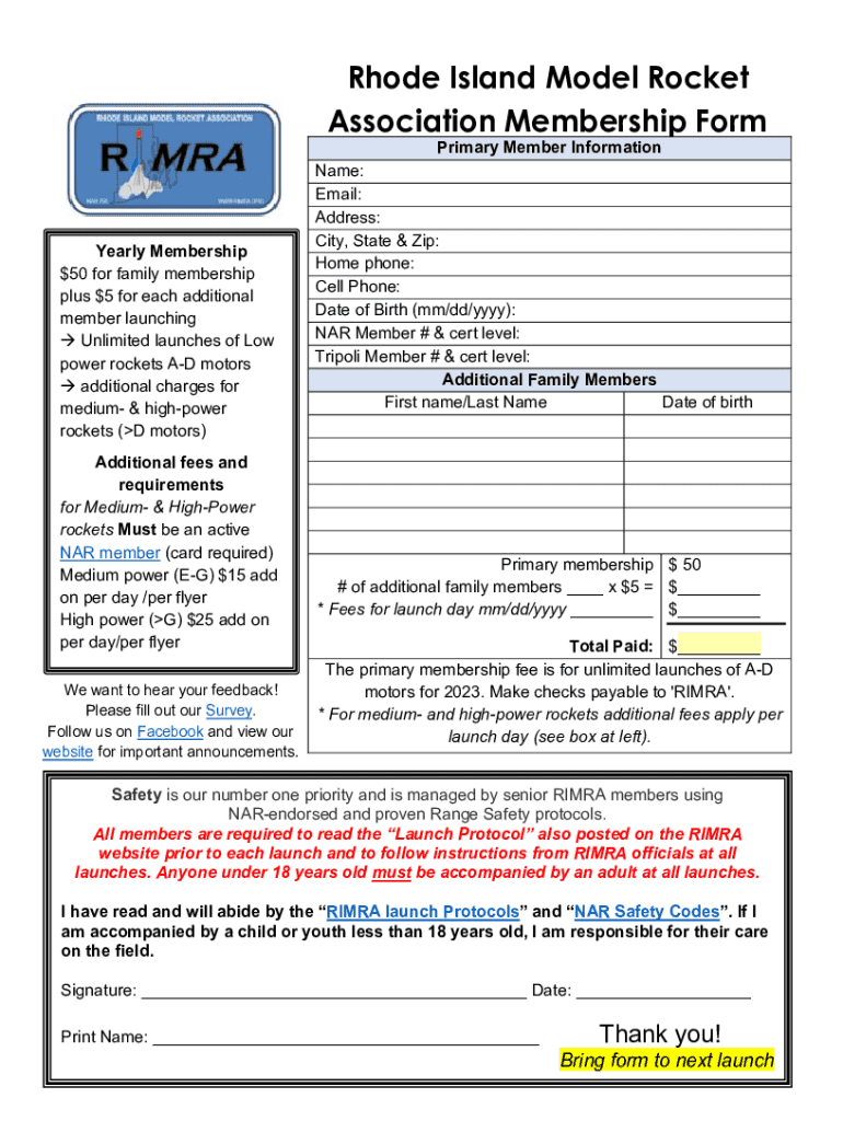 Fillable Online Rhode Island Model Rocket Association Membership Form ...