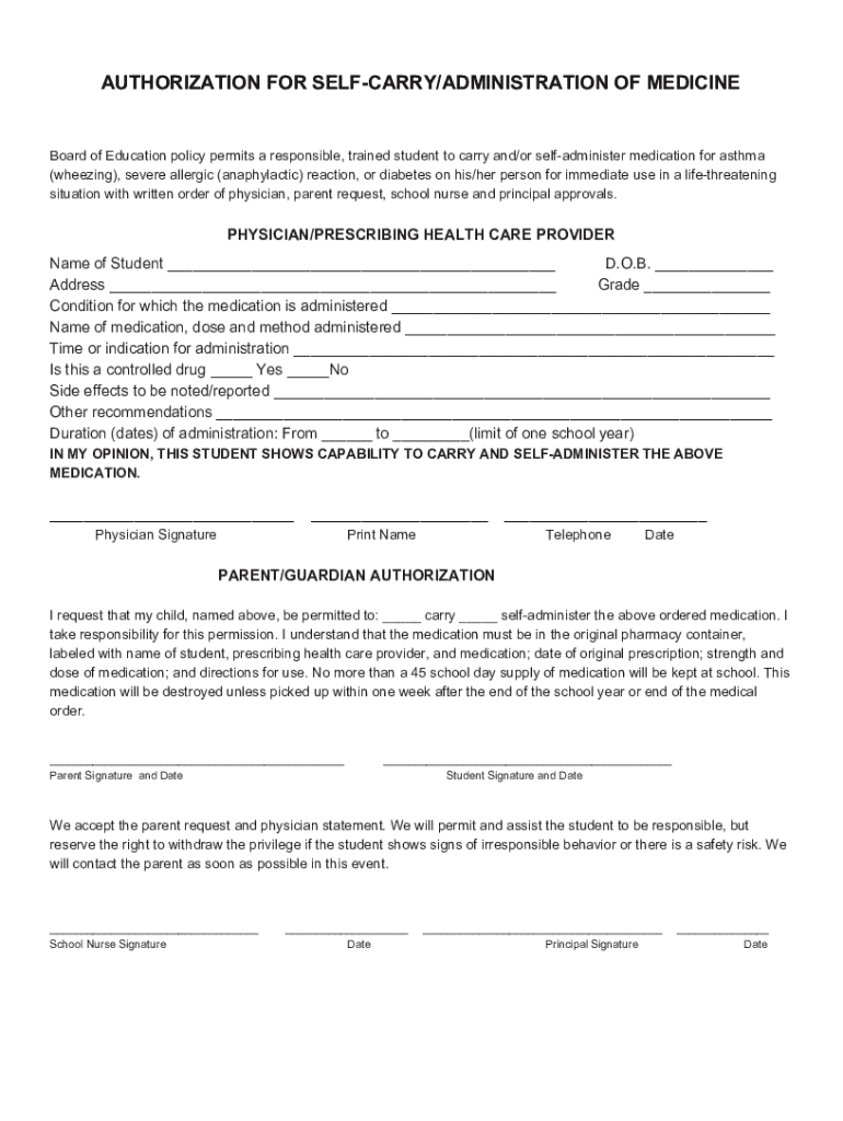 Fillable Online Authorization for Self-carry of Medication in Schools ...