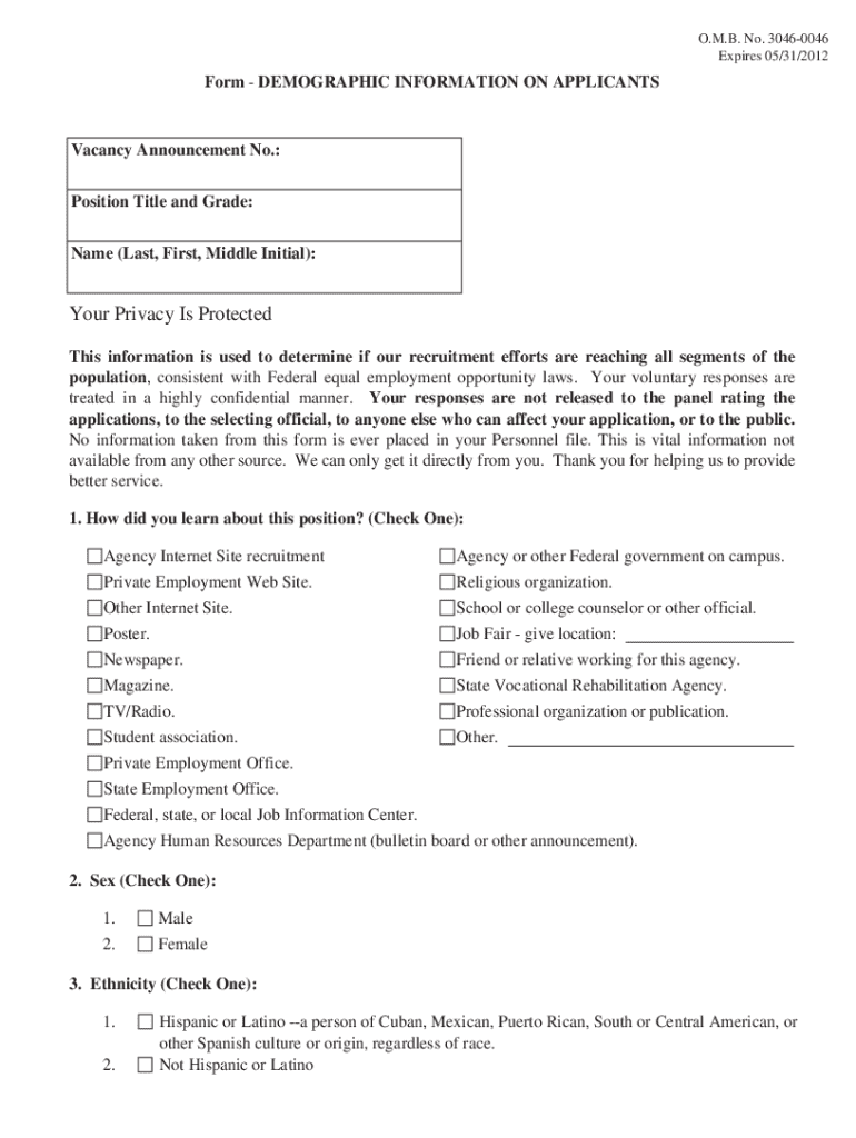 Fillable Online Demographic Information on Applicants - Form Fax Email Print - pdfFiller