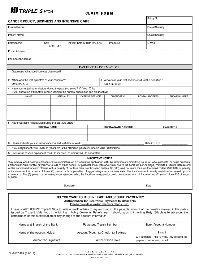 Fillable Online Cancer Policy Claim Form 2023 - Triple-s Vida Fax Email ...