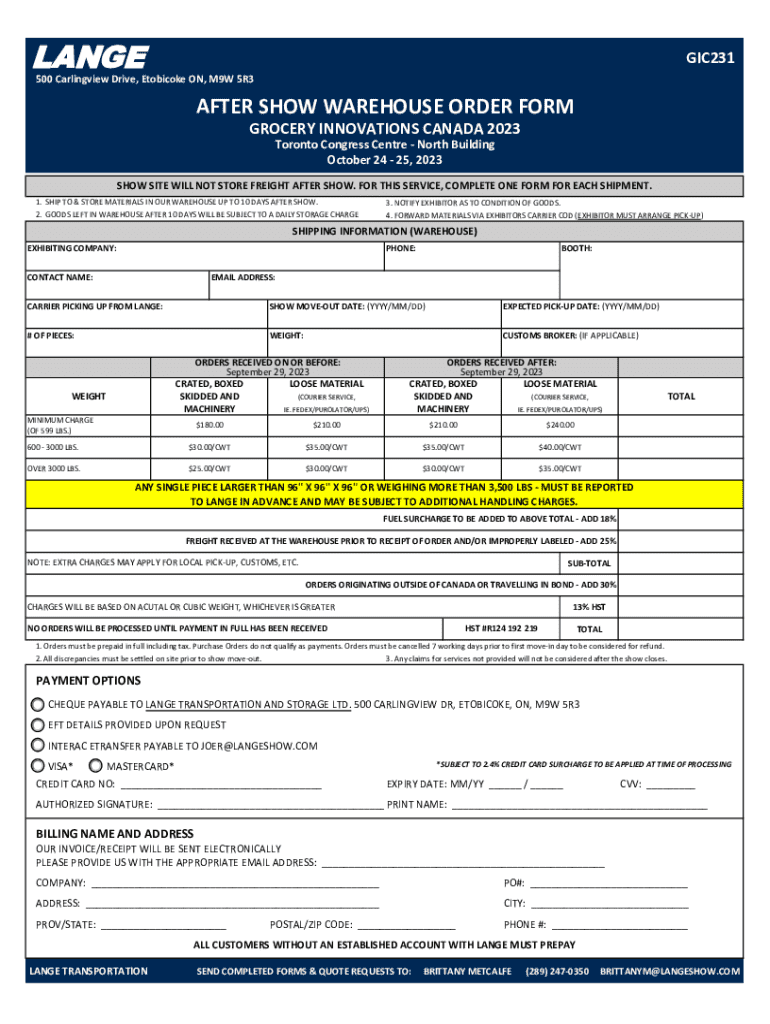 Fillable Online After Show Warehouse Order Form - Grocery Innovations ...