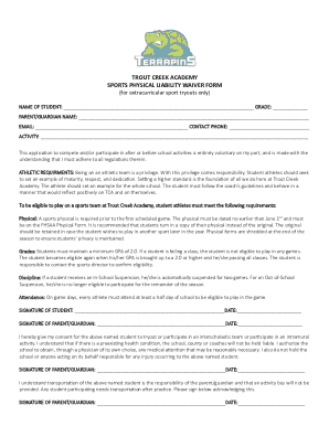 Fillable Online Trout Creek Academy Sports Physical Liability Waiver ...