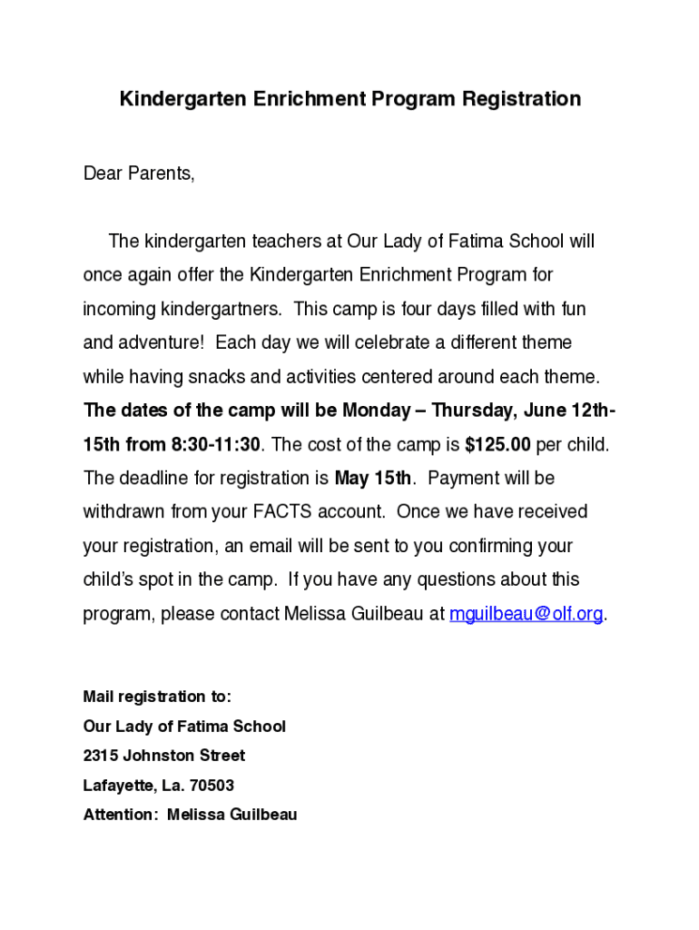 Fillable Online 2023 Kindergarten Enrichment Program Registration at Our Lady of Fatima School ...