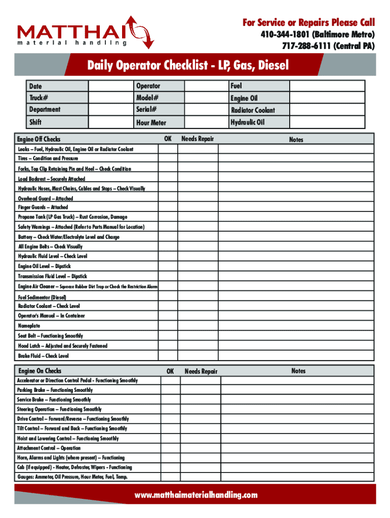 Fillable Online Matthai Material Handling - Forklift Inspection Form ...