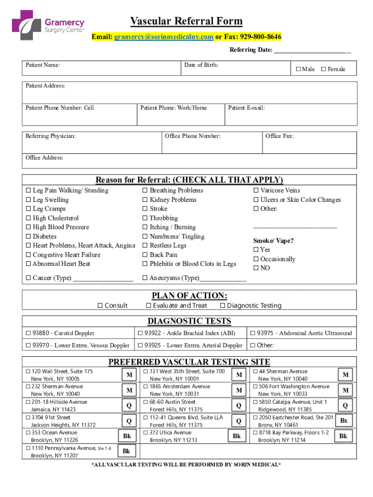 Fillable Online Vascular Surgery / Laboratory Referral Form Fax Email ...