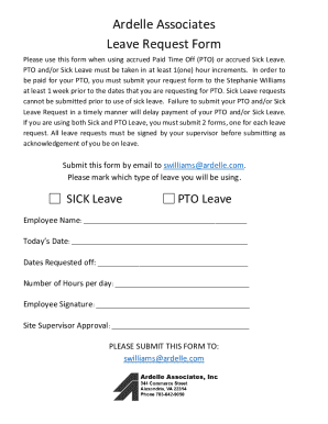 Fillable Online Ardelle Associates Leave Request Form for Pto and Sick ...