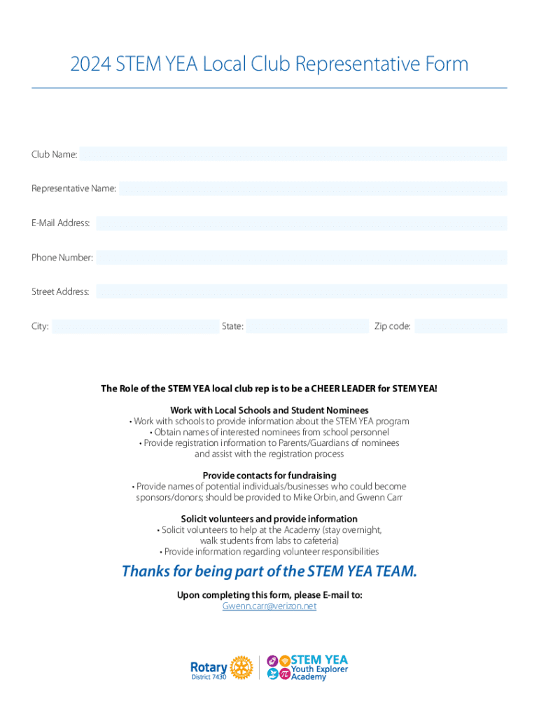 Fillable Online 2024 Stem Yea Local Club Representative Form - Engage ...