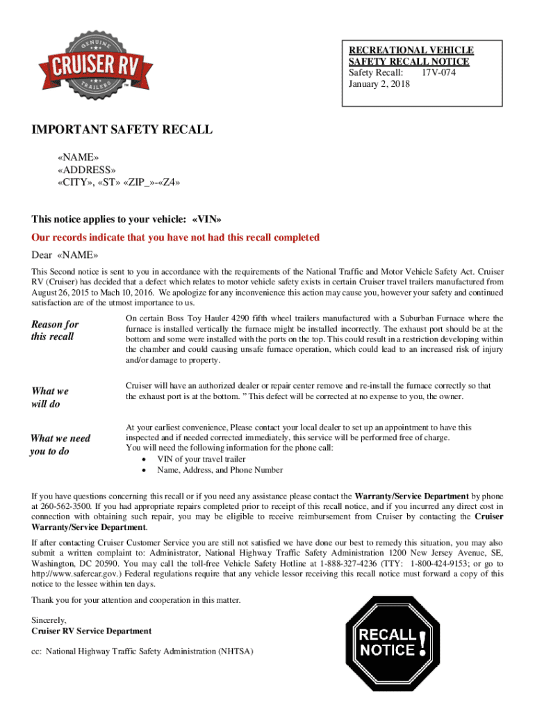 Fillable Online 2018 Recreational Vehicle Safety Recall Notice - Cruiser Rv Fax Email Print ...