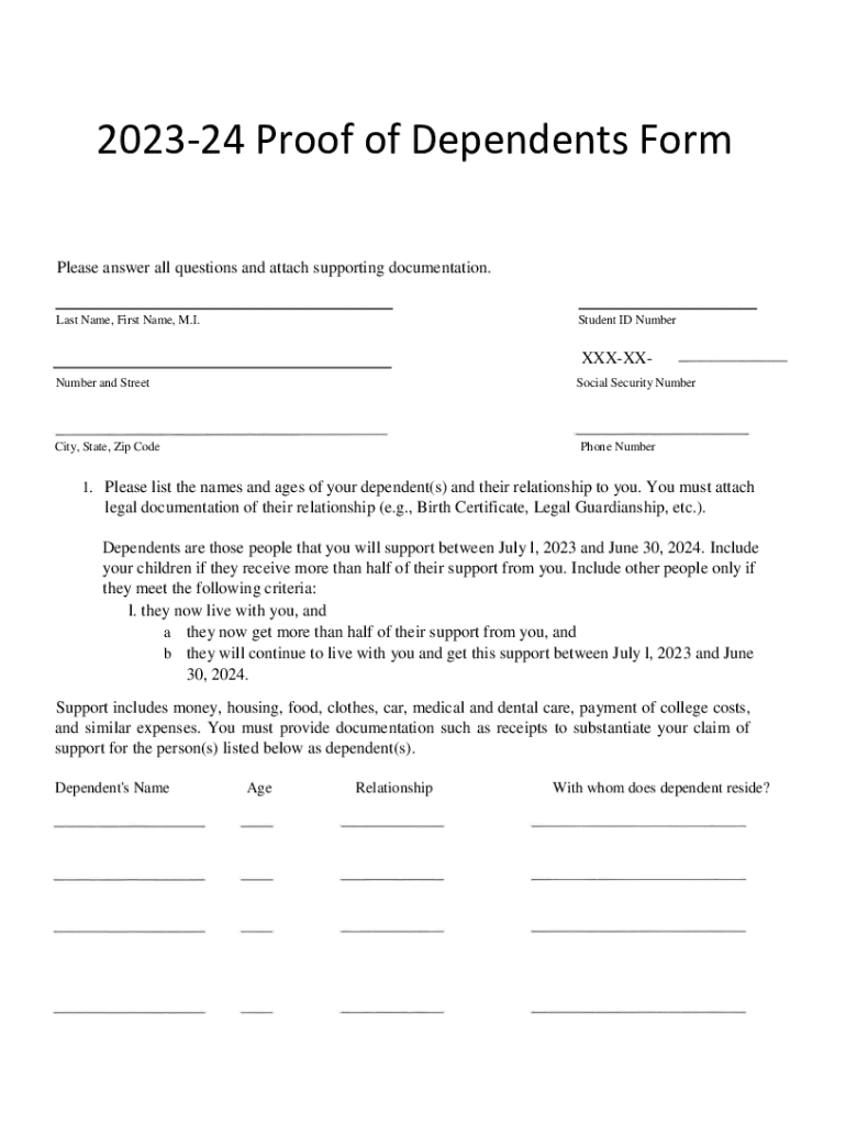 Fillable Online 2023-24 Proof of Dependents Form for Student Support ...