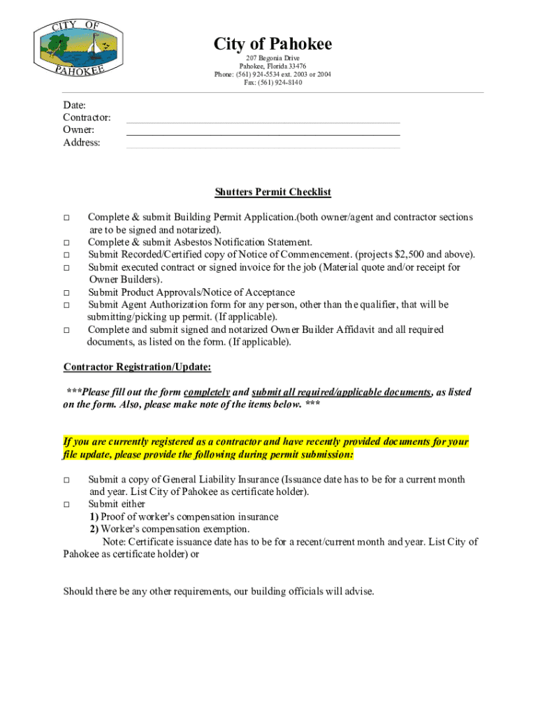 Fillable Online Shutters Permit Checklist for City of Pahokee 2023 Fax Email Print - pdfFiller