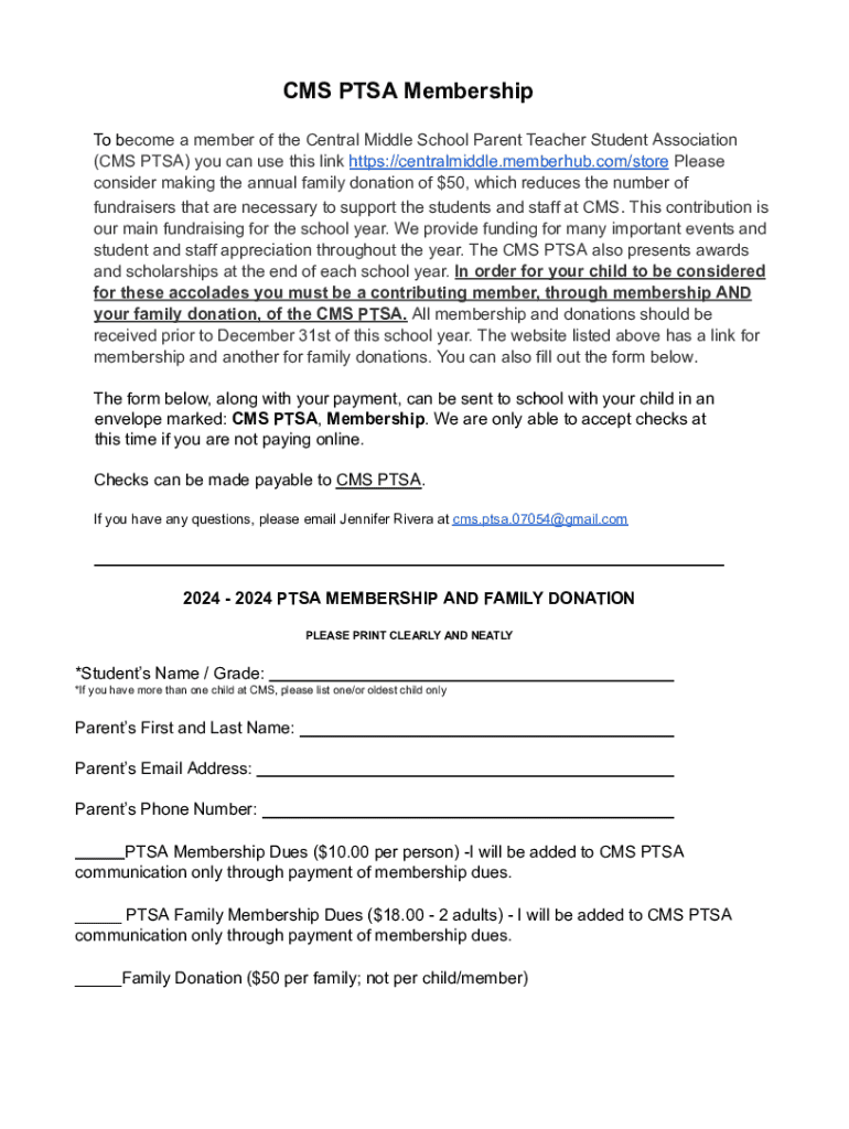 Fillable Online 2024 Cms Ptsa Membership and Family Donation Information Fax Email Print - pdfFiller