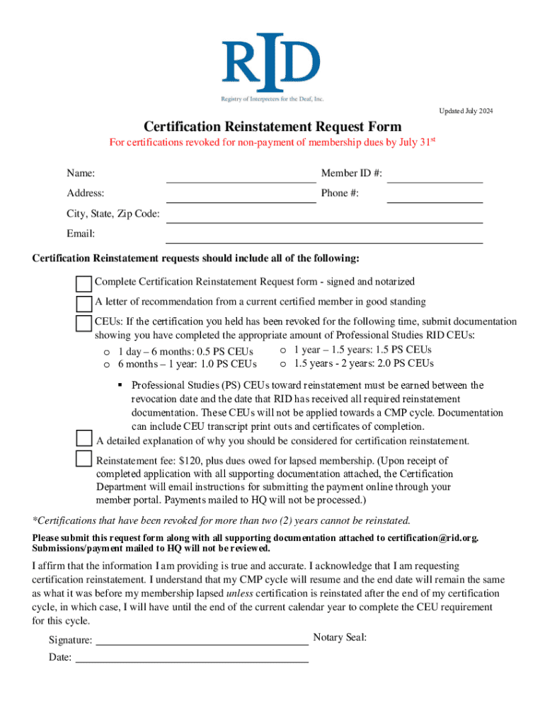 Fillable Online Certification Reinstatement Request Form - 2024 Guidelines Fax Email Print ...