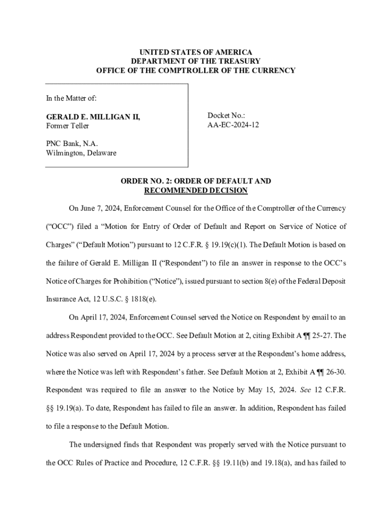 Fillable Online Notice of Charges for Gerald E. Milligan, II, former Teller, ... Fax Email Print ...