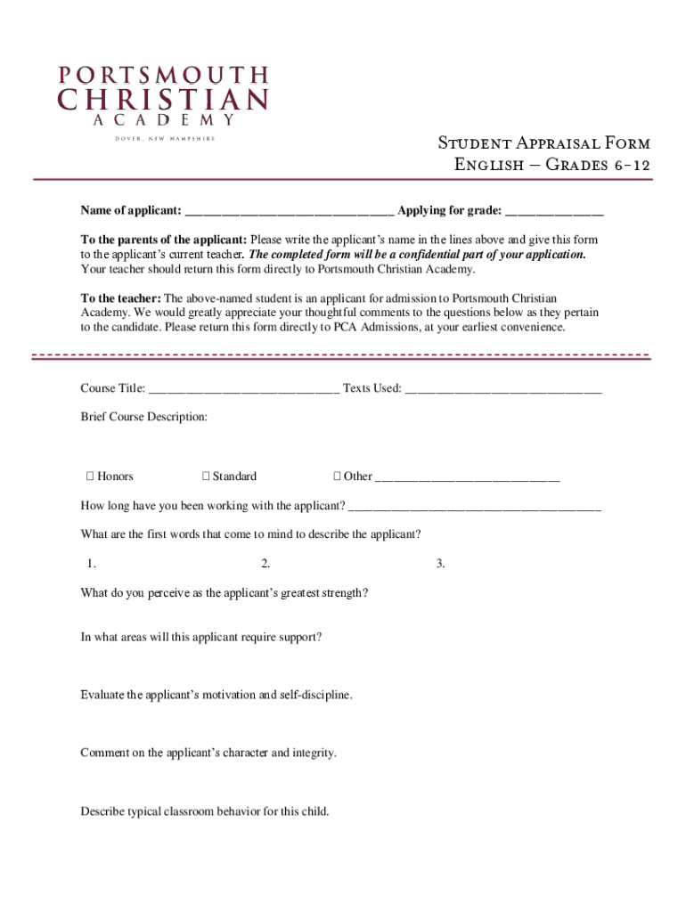 Fillable Online Fillable Online Student Appraisal Form EnglishGrades 6 ...