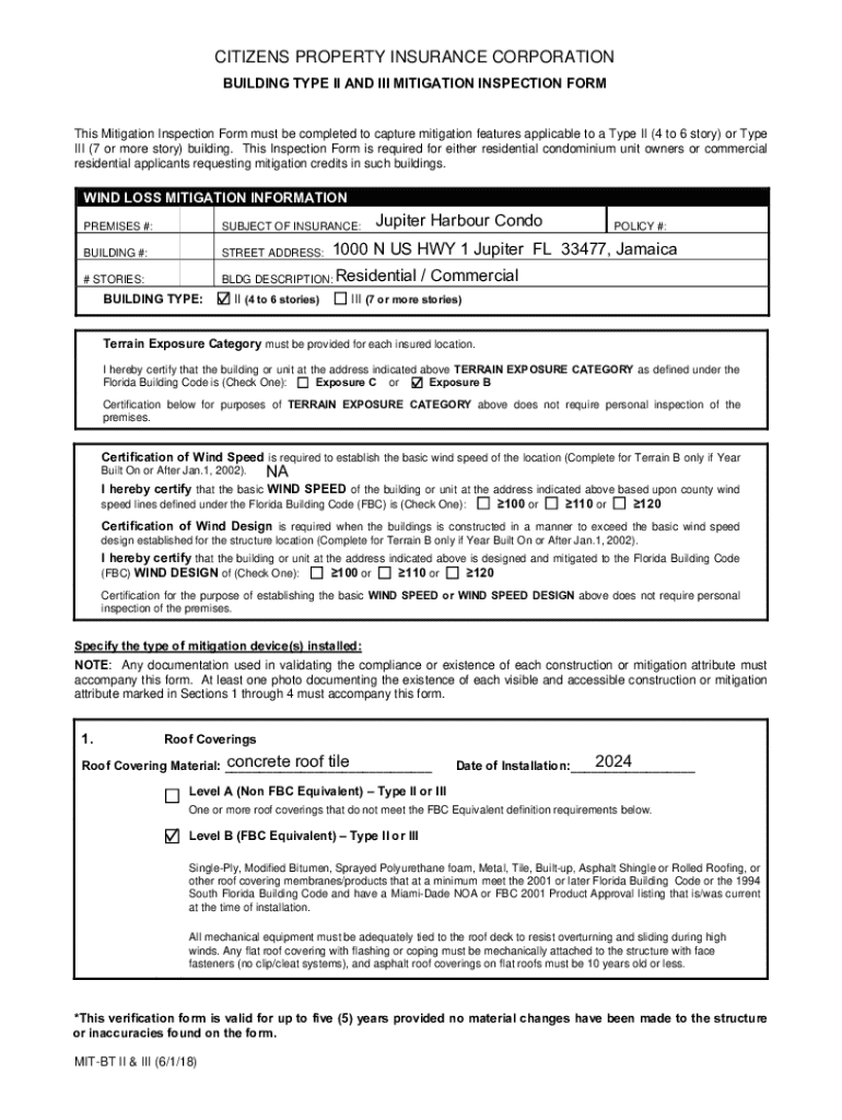 Fillable Online Building Type Ii and Iii Mitigation Inspection Form ...