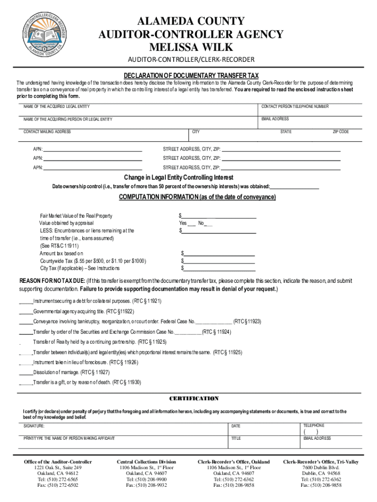 Fillable Online Alameda County Declaration of Documentary Transfer Tax ...