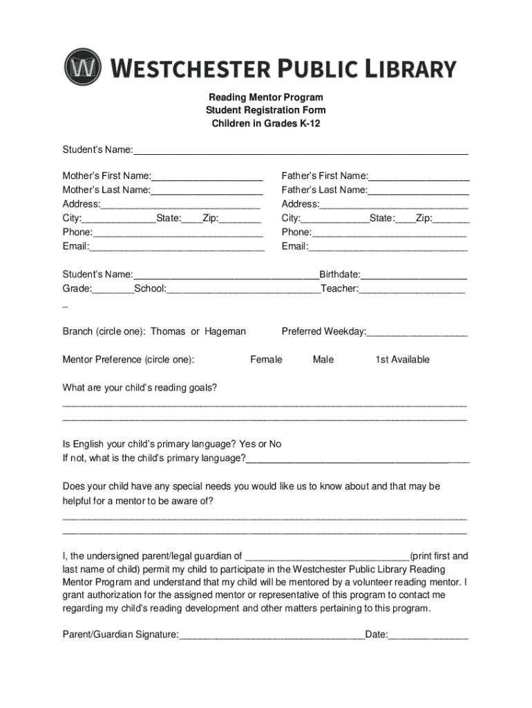Fillable Online Reading Mentor Program Student Registration Form ... Fax Email Print - pdfFiller