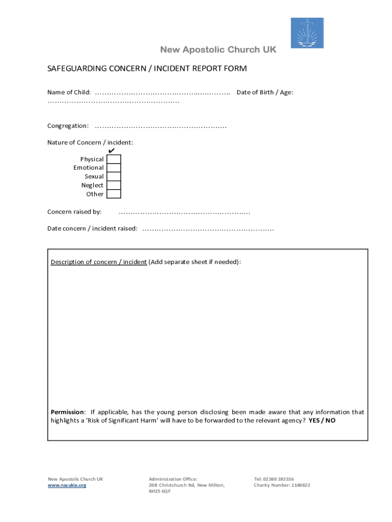 Fillable Online New Apostolic Church Uk Safeguarding Concern Incident Report 2023 Fax Email ...