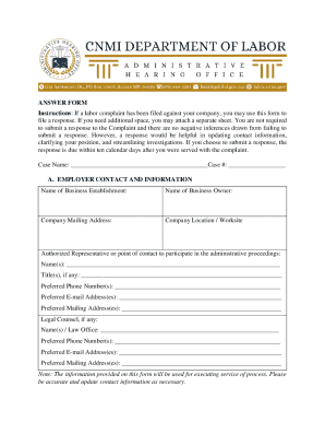Fillable Online Labor Complaint Response Form: Employer's Answer 2023 ...
