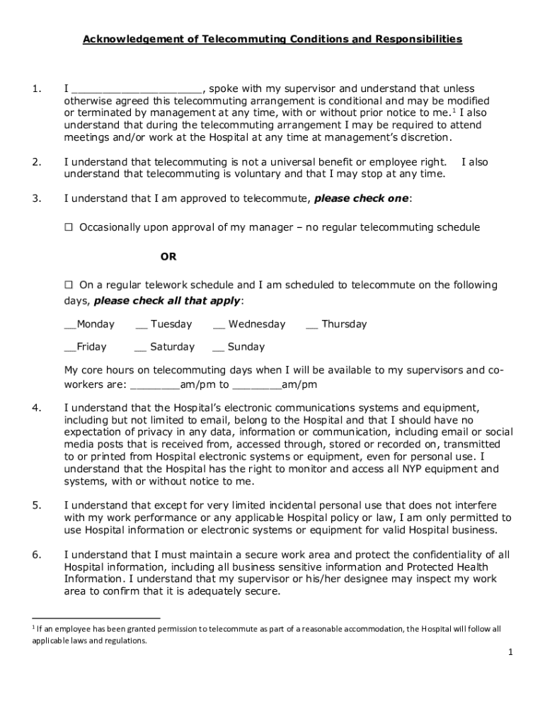 Fillable Online Telecommuting Conditions Acknowledgment 2023 Fax Email Print - pdfFiller