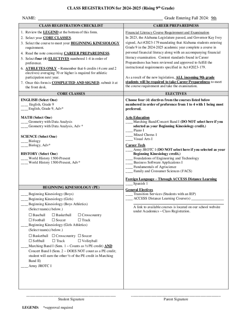 Fillable Online 9th Grade Class Registration Checklist for 2024-2025 Fax Email Print - pdfFiller