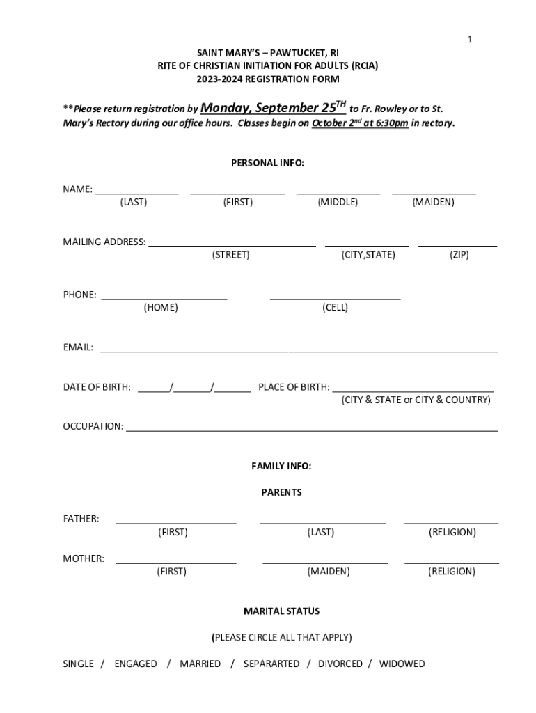 Fillable Online 2023-2024 Rcia Registration Form at St. Mary's ...
