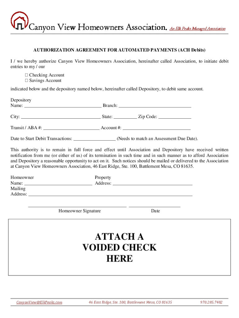 Fillable Online Authorization Agreement for Ach Payments - Canyon View Hoa 2023 Fax Email Print ...