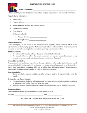 Fillable Online Direct Debit Authorization Form - Cpms - Property ...