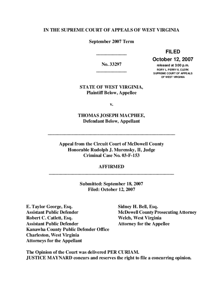 Fillable Online opinion, State of West Virginia v. Thomas Joseph ...