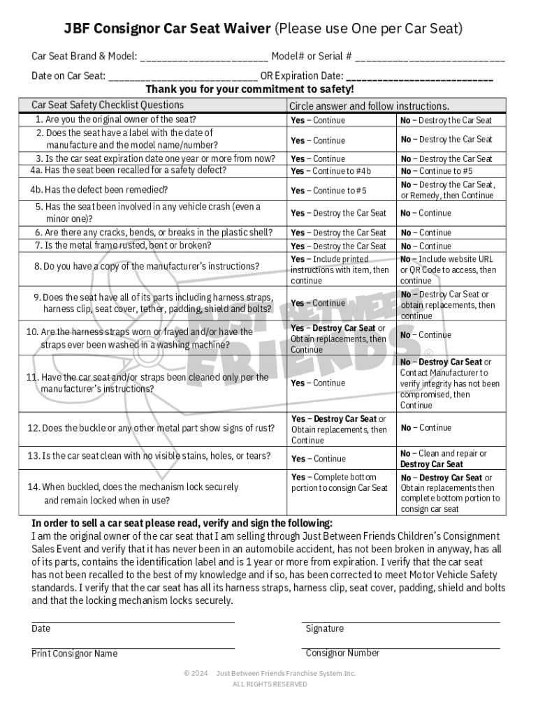 Fillable Online JBF Consignor Car Seat Waiver (Please use One per ...