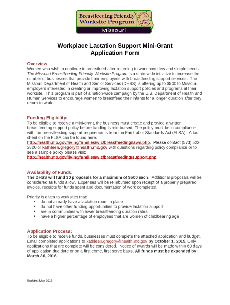 Workplace Lactation Support Mini-grant Application Doc Template | pdfFiller
