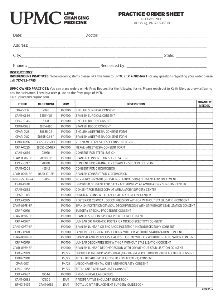 Fillable Online Important Surgery Forms for Practices - UPMC in Central ...